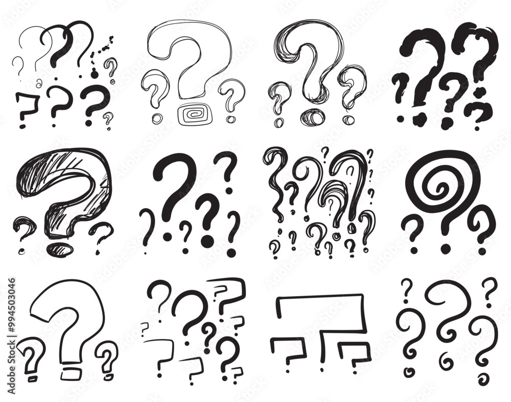 Set of different sketched question marks. Quiz symbols collection ...