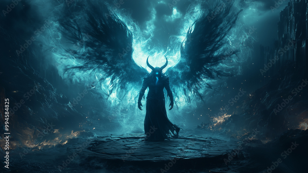 demonic entity with ethereal wings stands amidst fiery ruins, a vision ...