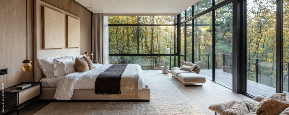 Modern Scandinavian master suite with floor-to-ceiling windows, a ...