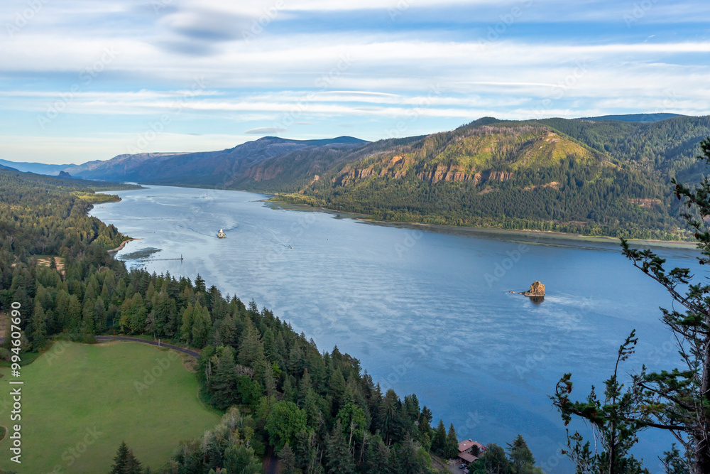 Wide view of The Columbia River Gorge in Washington, Cape Horn, in low ...
