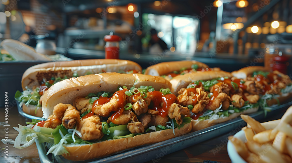 A platter of assorted oyster po' boys with various toppings, captured ...