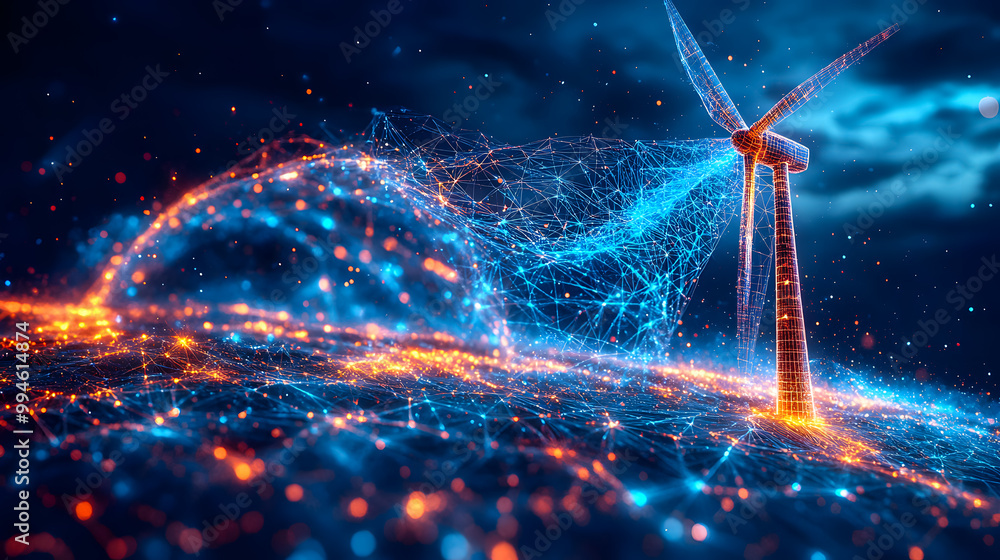 Abstract illustration of wind turbine generating renewable energy. Wind power plant skeleton ...