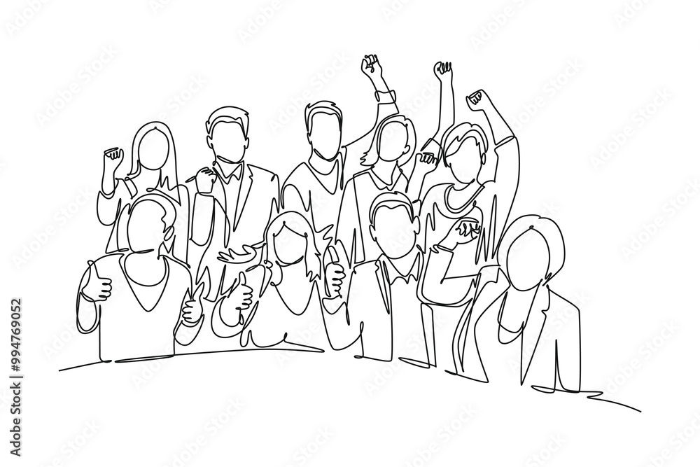 Continuous one line drawing young happy businessman and woman celebrate ...