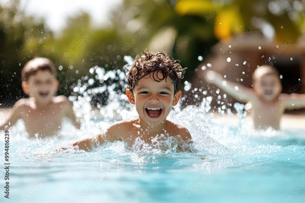 Children splashing in a pool under the sun on a hot Sunday afternoon ...