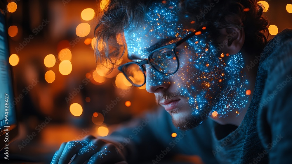 College student working on computer using AI artificial intelligence ...