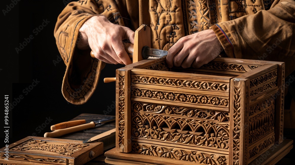Medieval carpenter using table saw and chisels to craft a detailed ...
