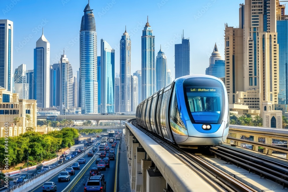 Monorail Subway train rides among glass skyscrapers in Dubai. Traffic ...
