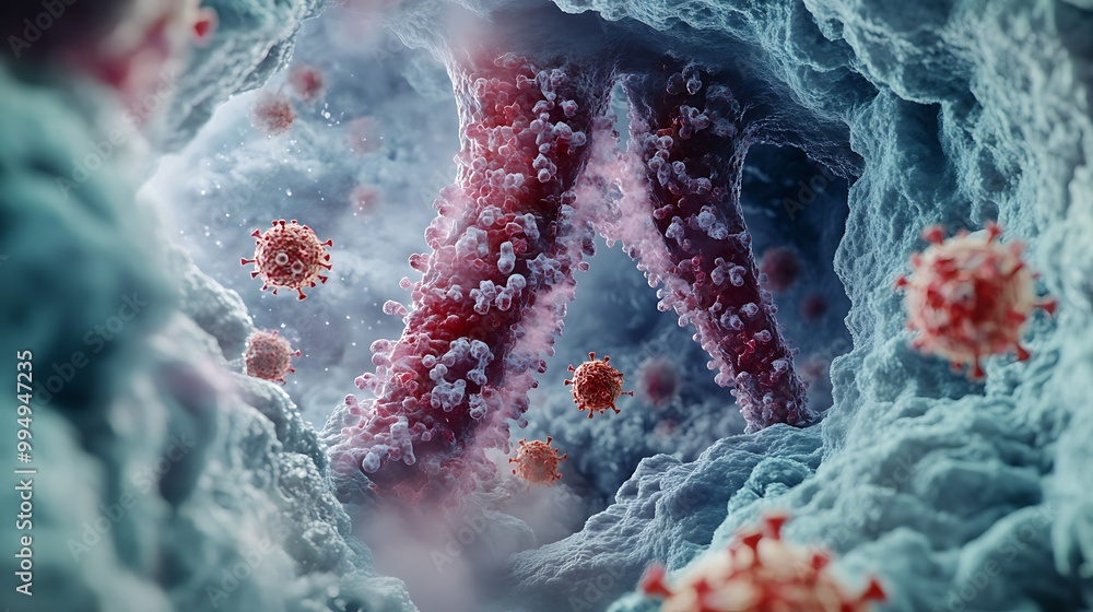 Virus Progressing Through Trachea A medical illustration showing a ...
