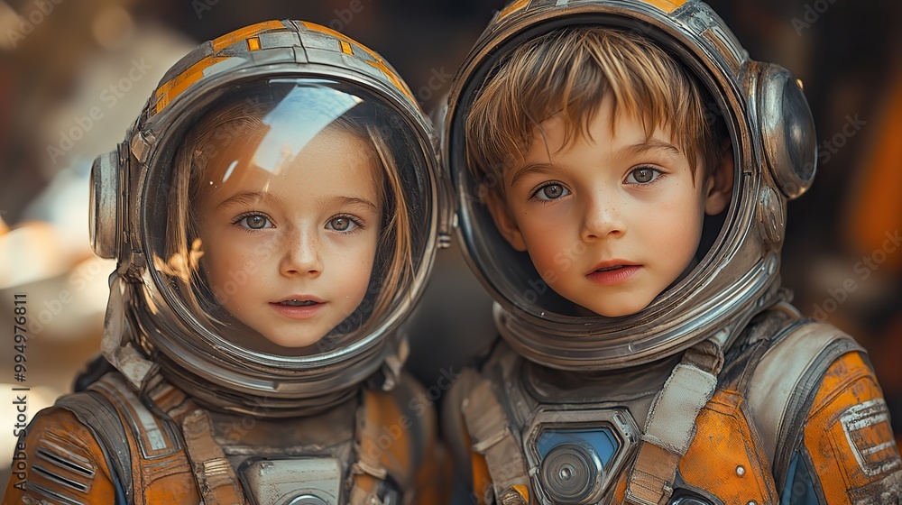 Two young children in space suits standing side by side, ready for ...