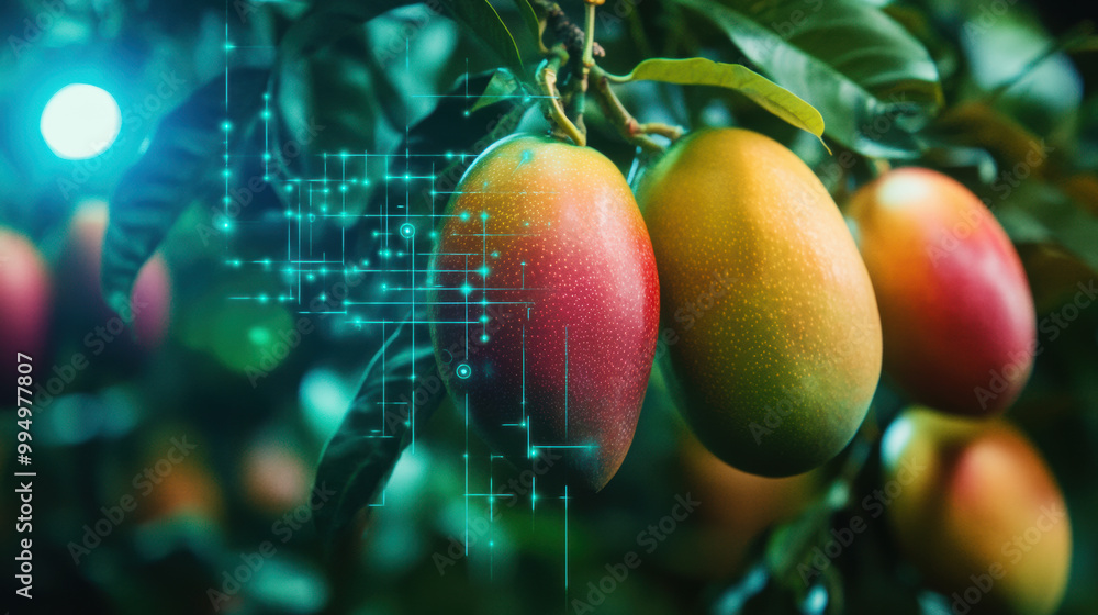 Mangoes hanging on tree, showcasing their vibrant colors and ripeness ...