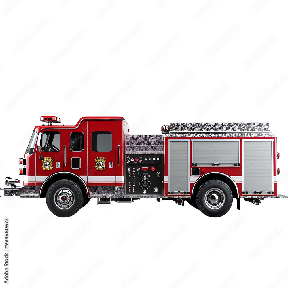 Side view of a red fire truck equipped with firefighting tools and ...