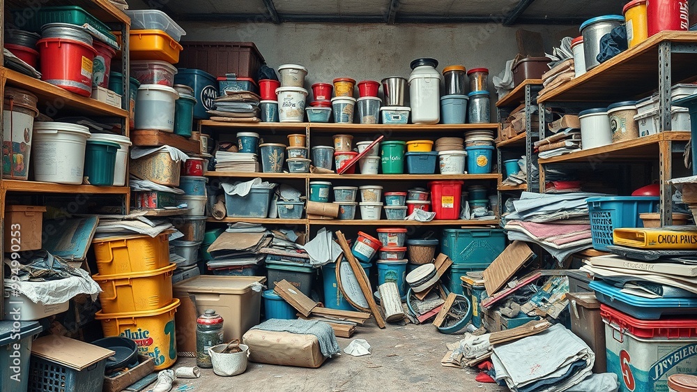 Cluttered room mockup features stacked containers, dusty shelves, and ...