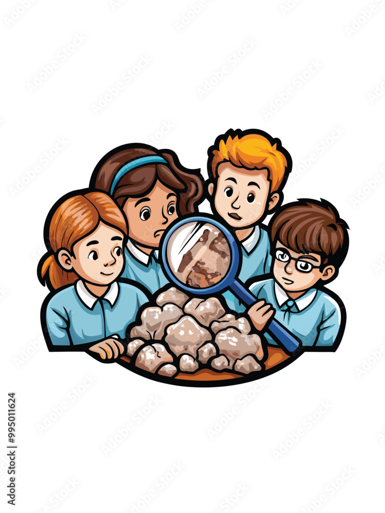 Cartoon illustration of four students in a geology class examining ...