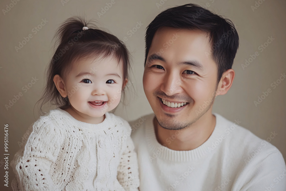 Young Chinese father and cute daughter interacting and smiling in plain ...