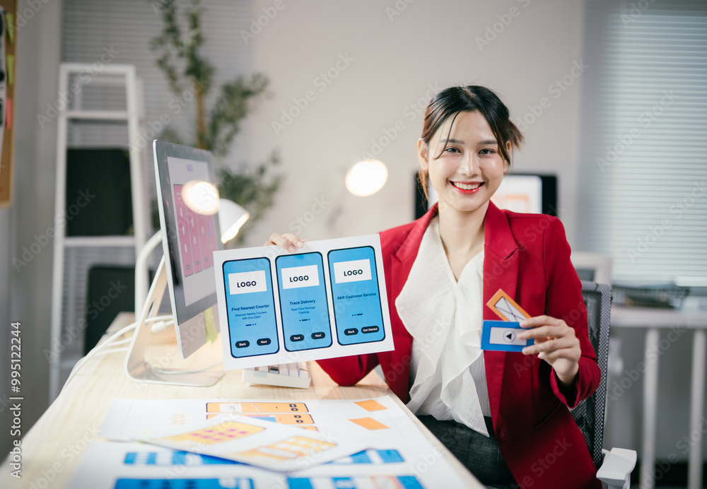 Young asian woman, working as a ui/ux designer, smiles happily while ...