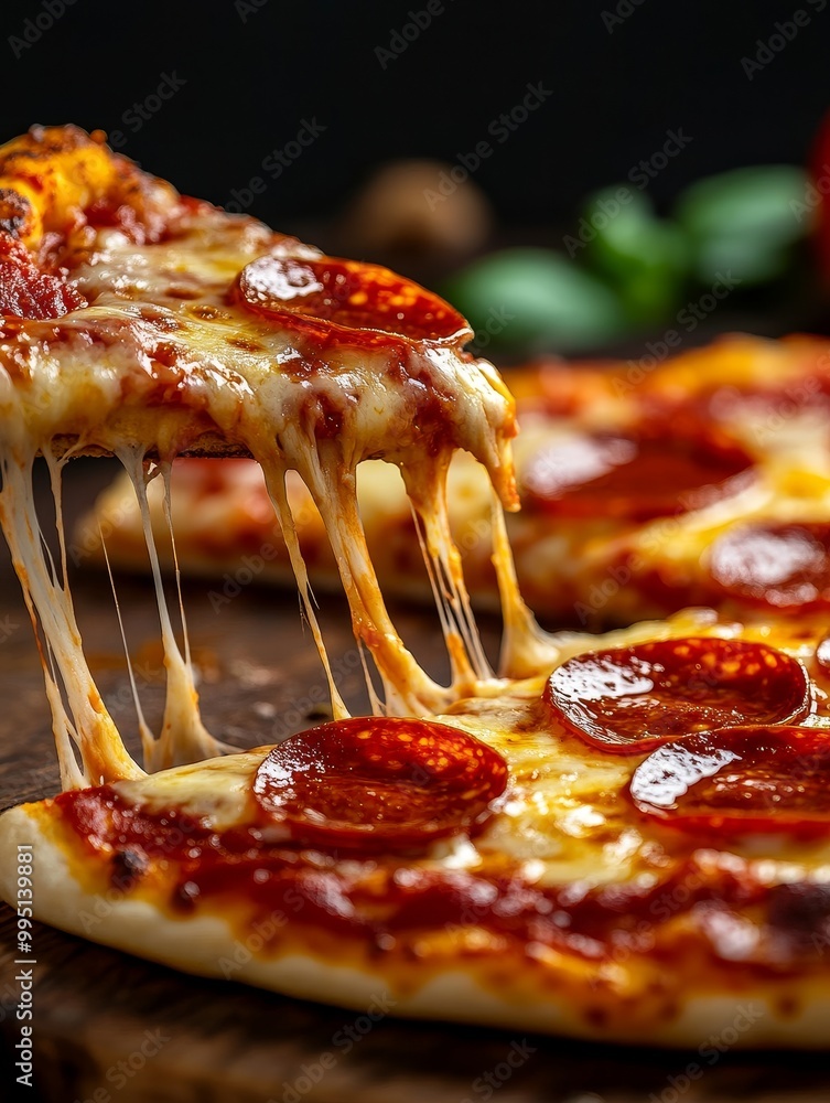 A close-up shot of a pepperoni pizza with gooey cheese. The cheese is ...