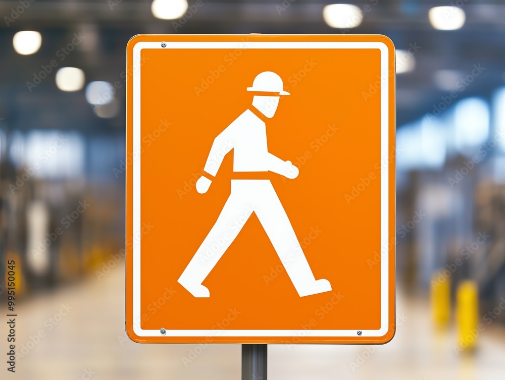 A warning sign depicting a walking worker wearing a hard hat ...