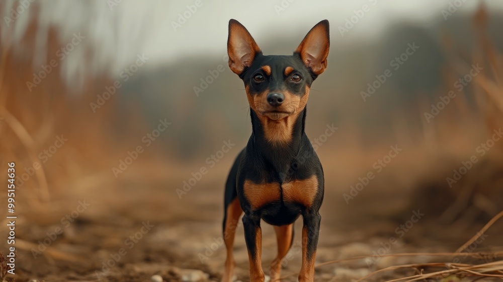 Miniature Pinscher with a unique physique standing in a natural setting ...