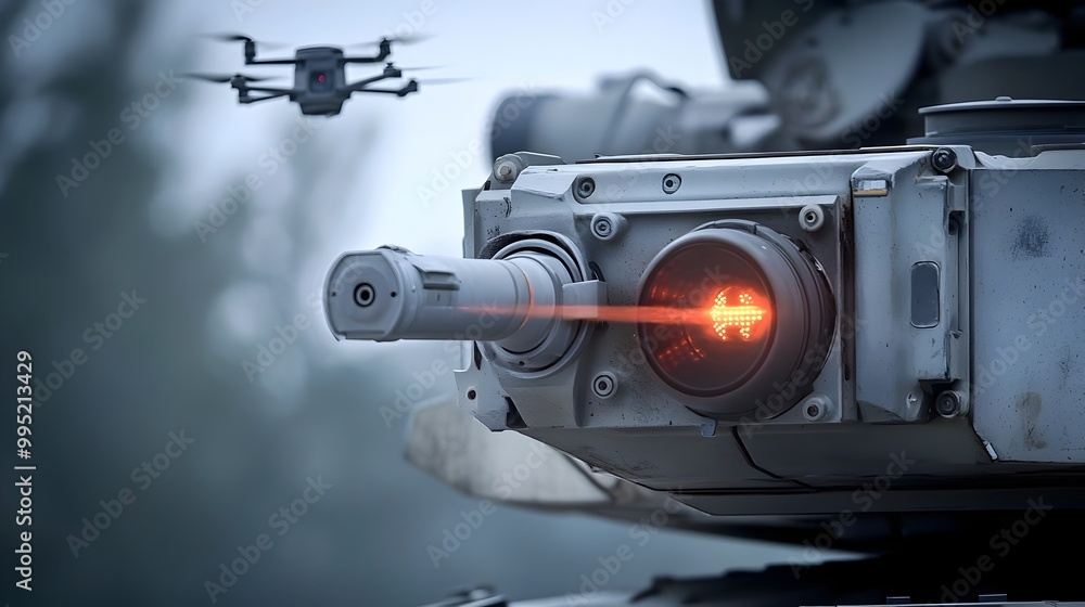 Illustration Stock Close up view of a powerful anti drone laser system ...