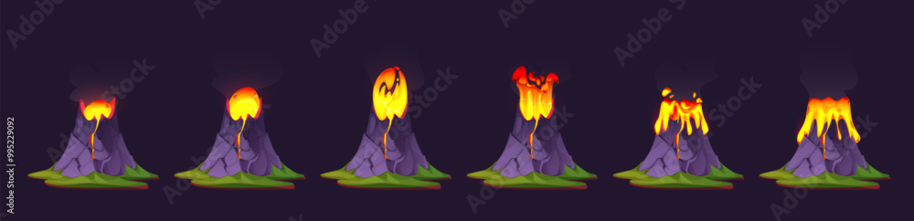 Vector de Stock Volcano eruption animation set isolated on black ...