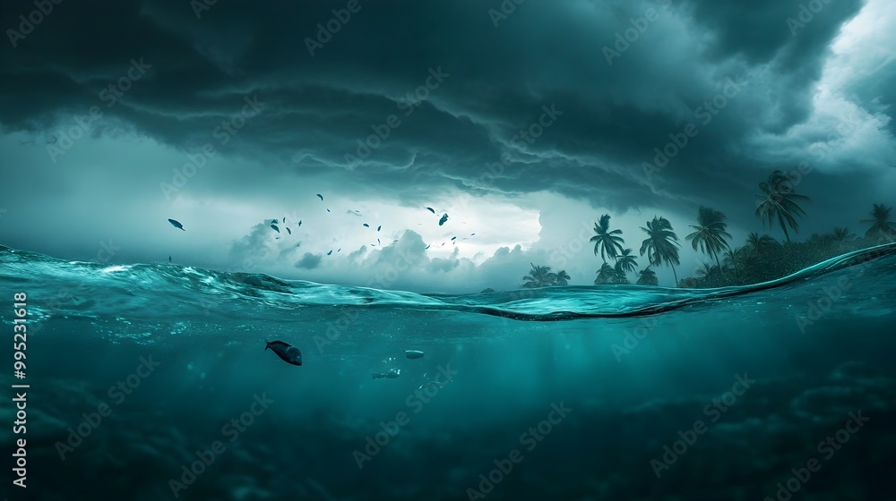 Dramatic tropical storm with dark clouds and churning waves rages above ...