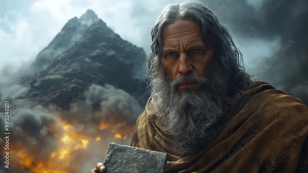 Powerful Portrait of Moses Holding Stone Tablets on Mount Sinai ...