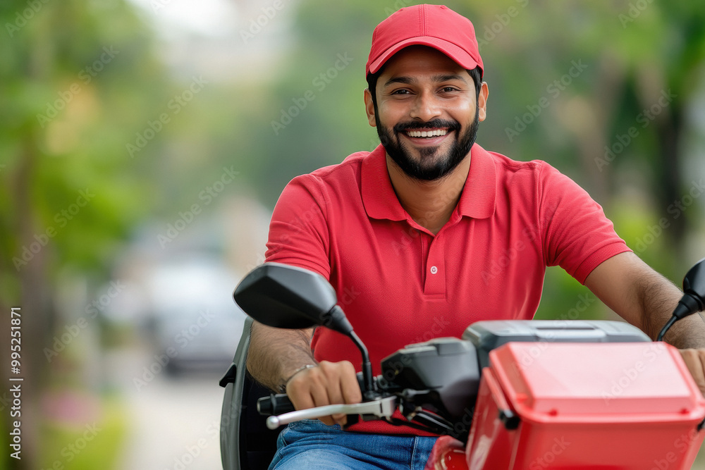 Indian delivery boy riding motorcycle Stock Photo | Adobe Stock