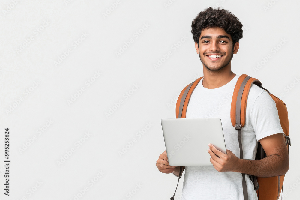 young indian student holding laptop on white background Stock Photo ...
