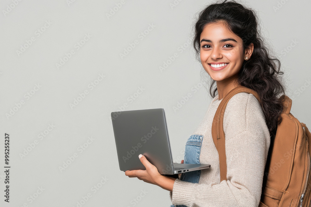 young indian female student holding laptop on white background Stock ...