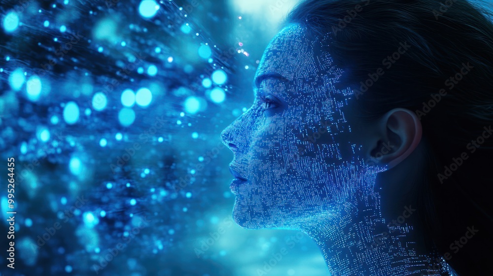 AI robot woman with artificial intelligence analysis flow big data ...