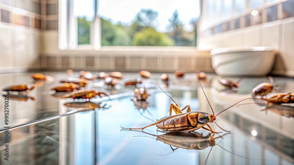 Dead cockroaches on bathroom floor killed using pesticide reflection ...