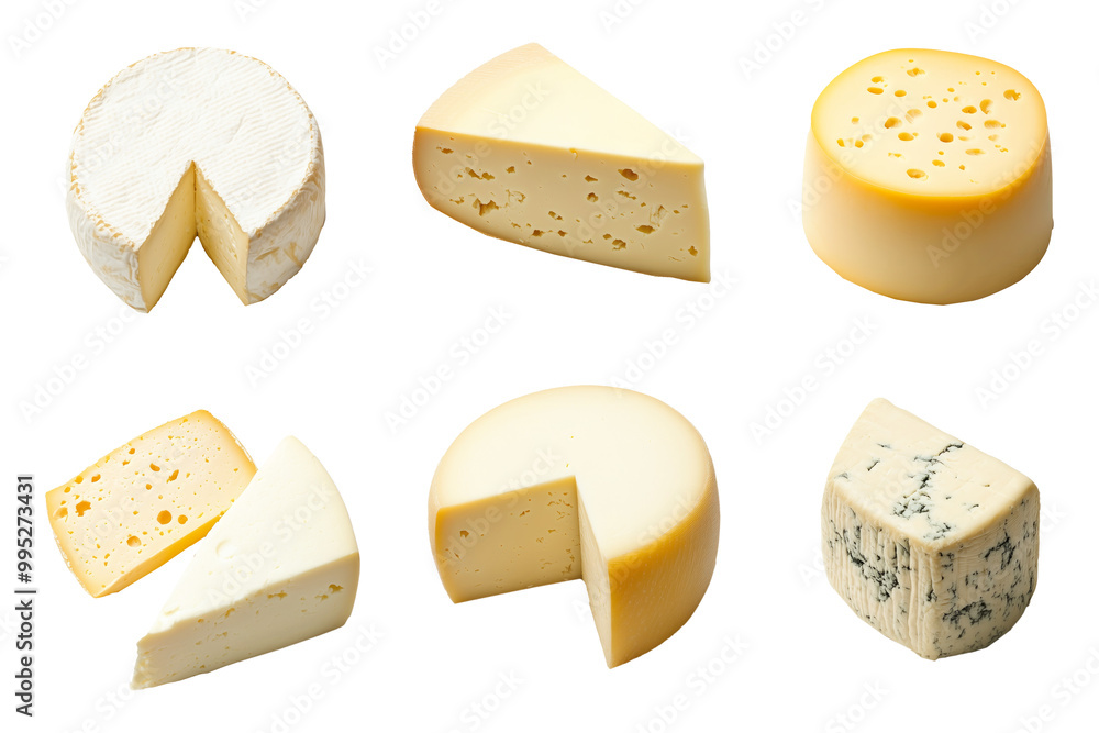 Assorted cheese blocks including blue, gouda, and cheddar isolated on ...