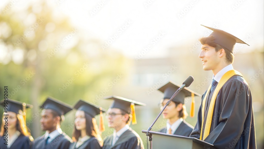 Valedictorian young student man giving graduation speech to other ...