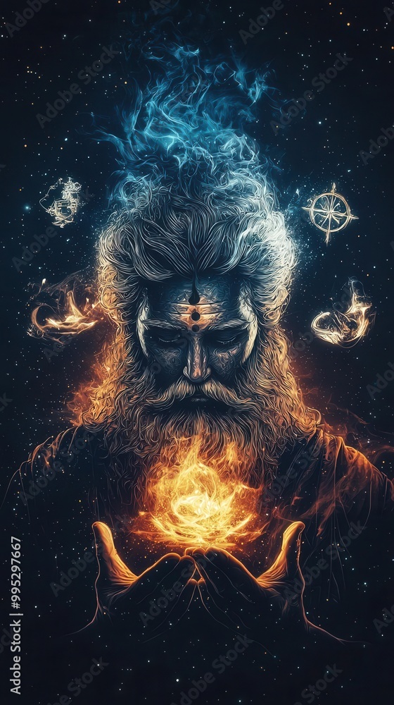 Brahma with four faces, creating life forms, surrounded by glowing ...