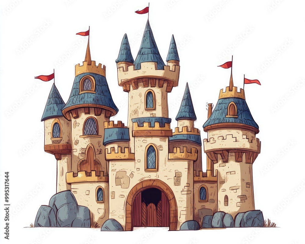 Fantasy Castle illustrated hand drawn castle isolated on a white ...
