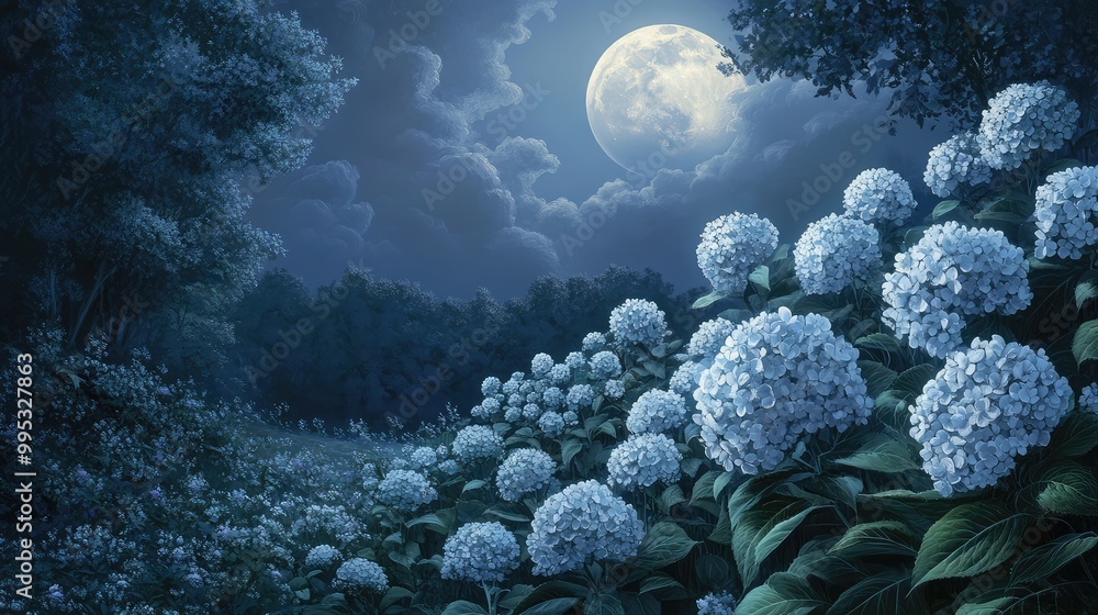 A garden of hydrangeas, with the full moon casting a soft light on ...
