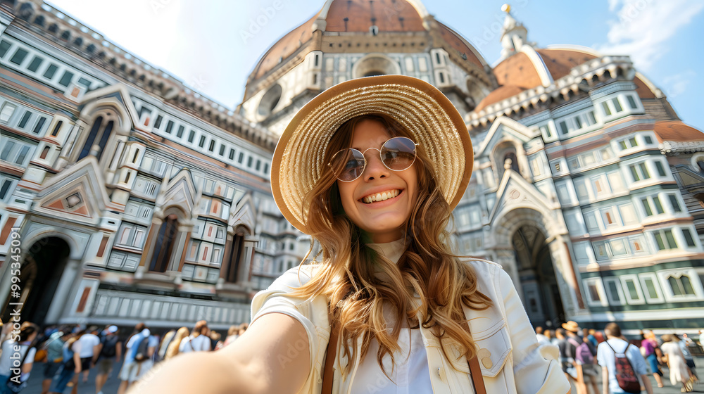 Tourist female visiting Florence cathedral, Italy - Traveller girl ...