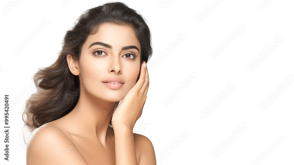 Beautiful indian girl model touching fresh glowing hydrated facial skin ...