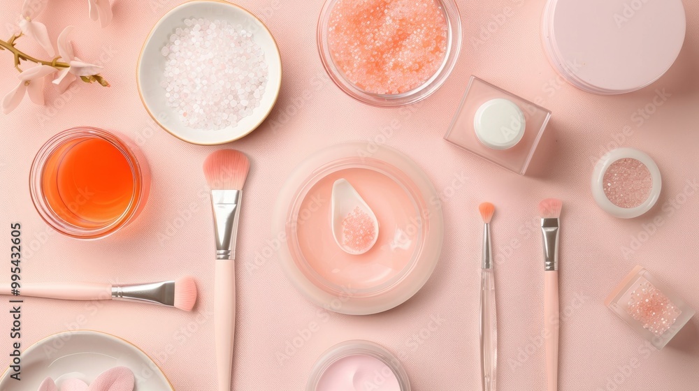 Flatlay beauty setup with waxing essentials on a soft peach background matching the color of the ...