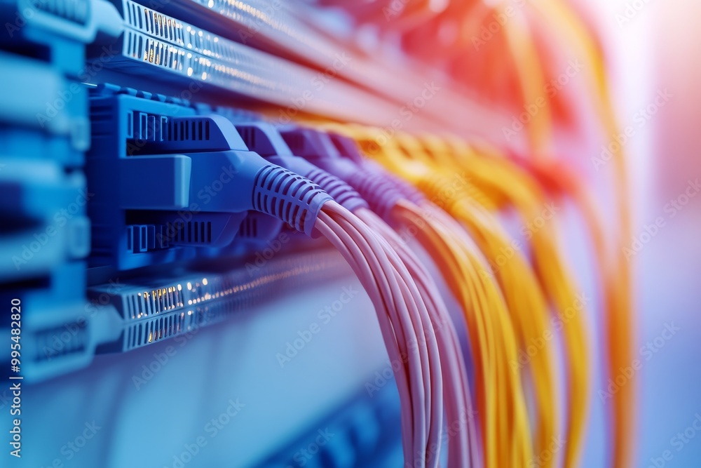 Multi colored network cables arranged in a data center setup signifying ...