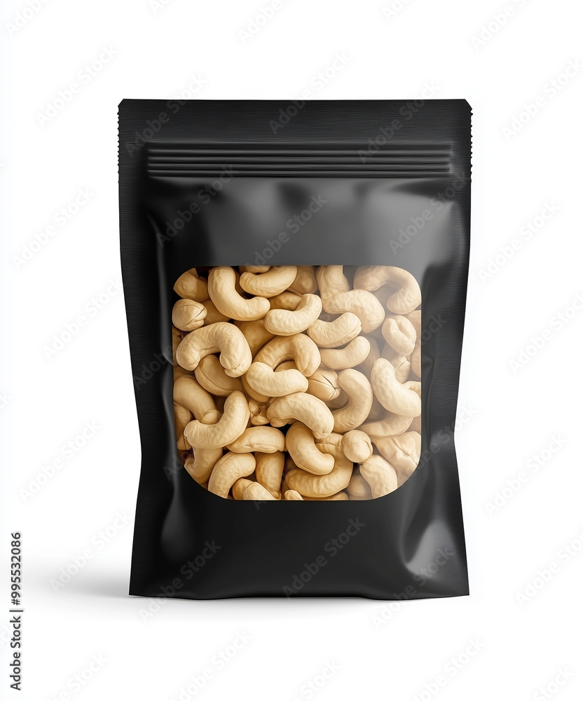Packaging design for cashew nuts in a sleek black pouch with a ...