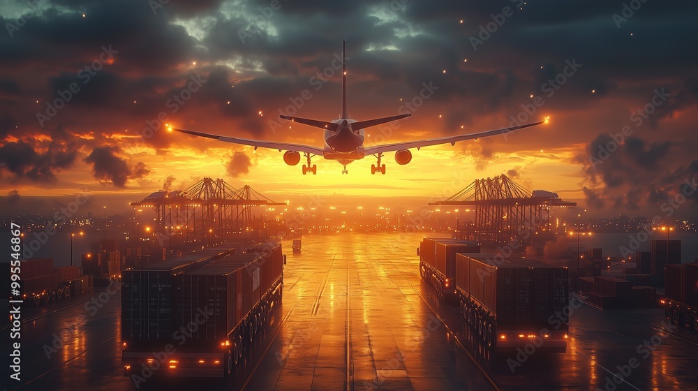 Airplane landing over containers at port terminal. Airplane approaches ...