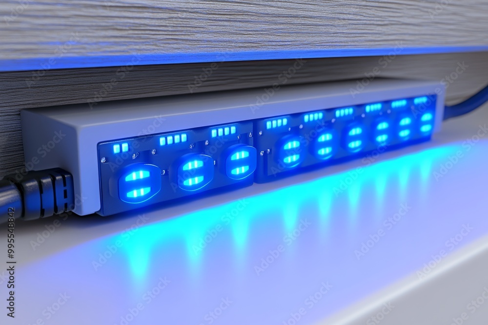 Row of black power strips with blue glowing LED lights symbolizing ...