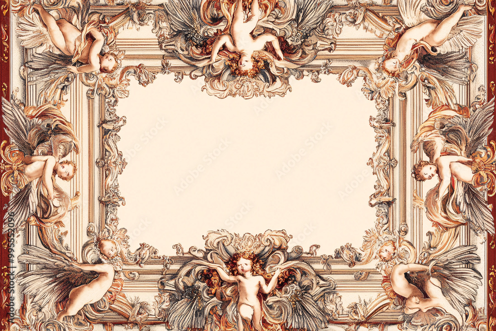 A detailed baroque frame design with cherubs and decorative elements ...