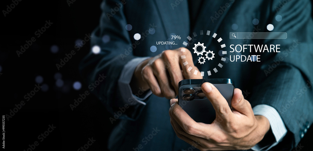 Software update or operating system upgrade concept. Man working and installing update process ...