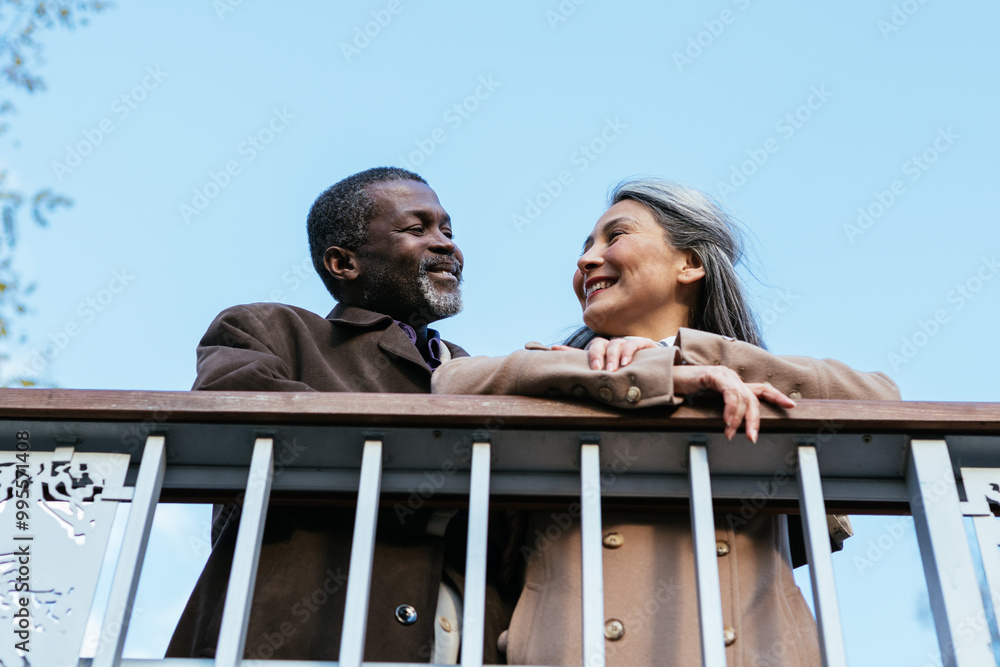 Storytelling image of a multiethnic senior couple in love. Man and ...