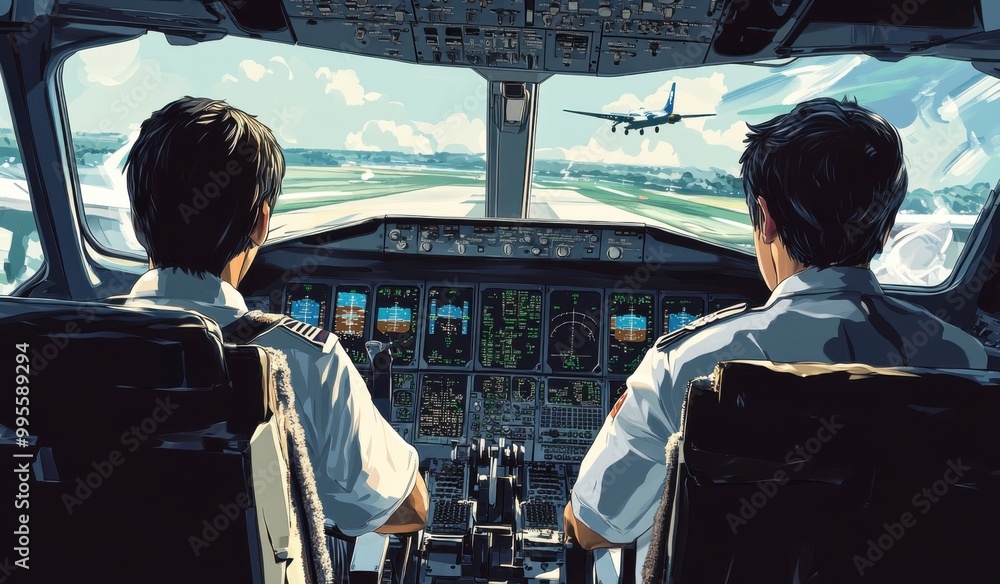 Two male airplane pilots in the cockpit of an aircraft, viewed from ...