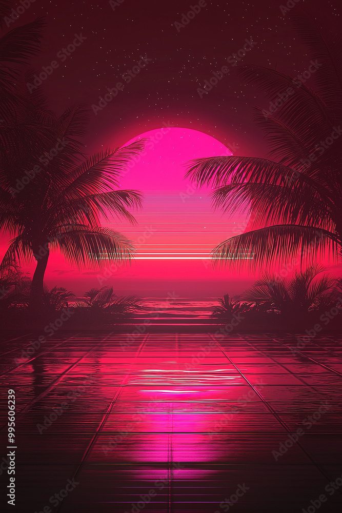 Tropical synthwave landscape with palm trees and pink sunset reflecting ...