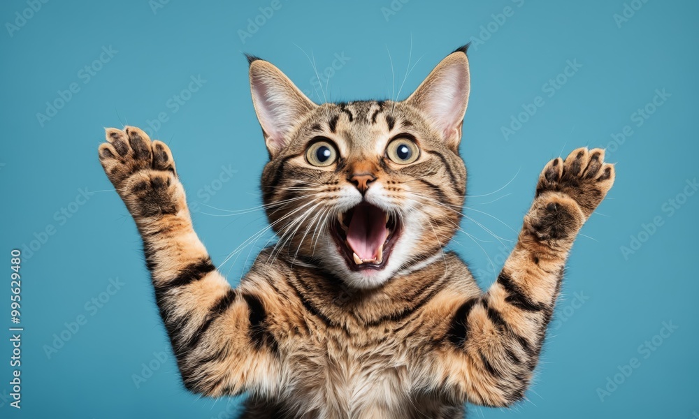 Cat with paws raised in the air looking shocked and startled Stock ...