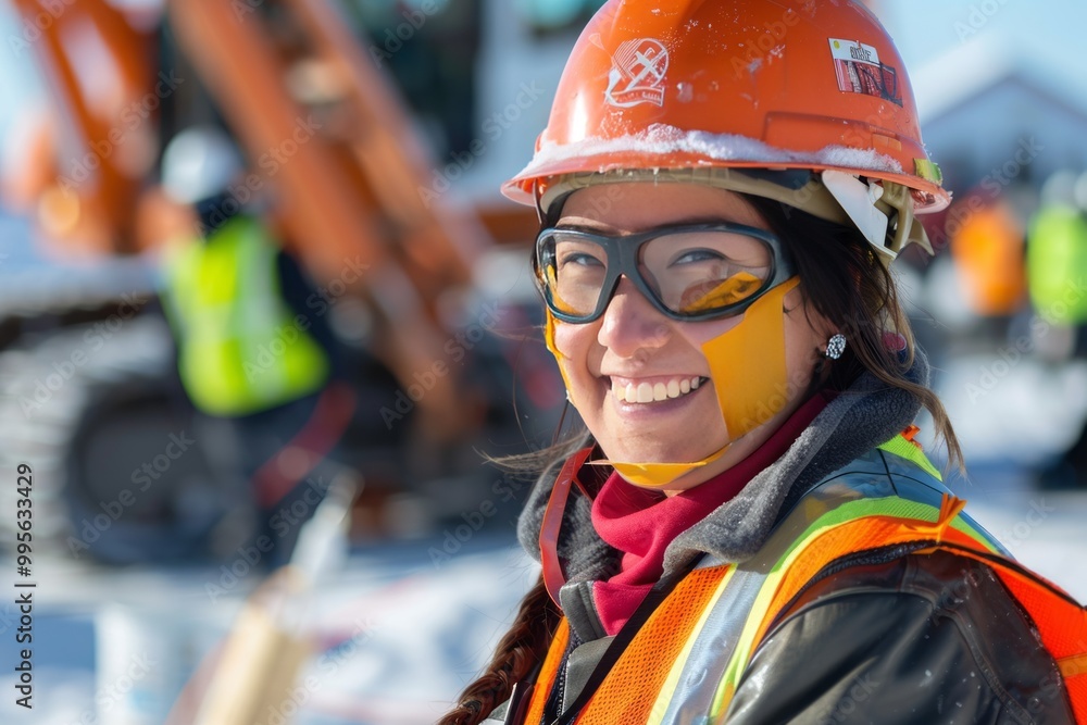 Captured on the work site, a female Inuit construction worker dons PPE ...